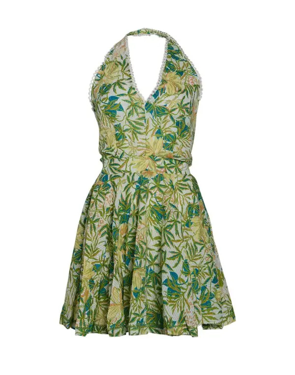 Poupette St Barth Cotton Gauze Floral Print Tiered Halterneck Mini Dress