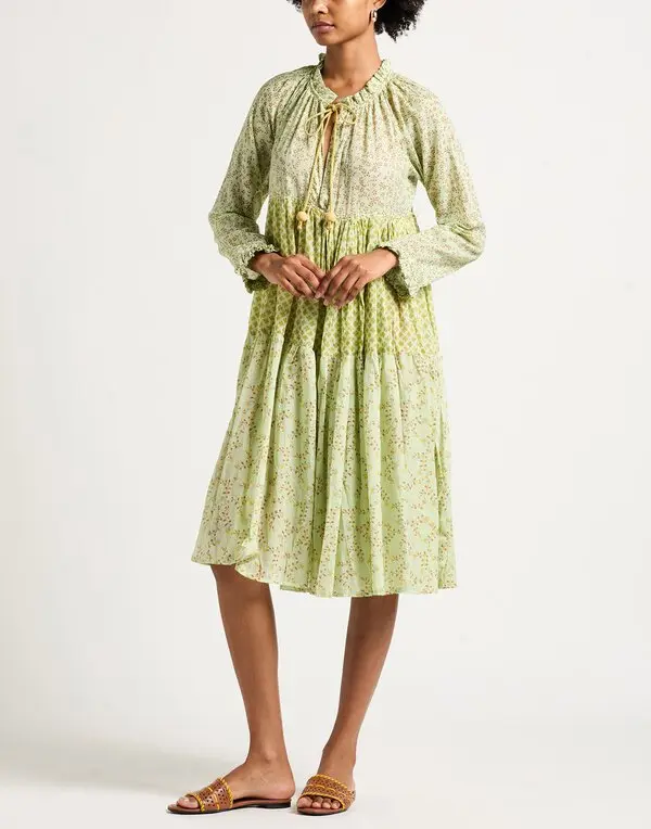 Yvonne S Light Cotton Tiered Embroidered Midi Dress