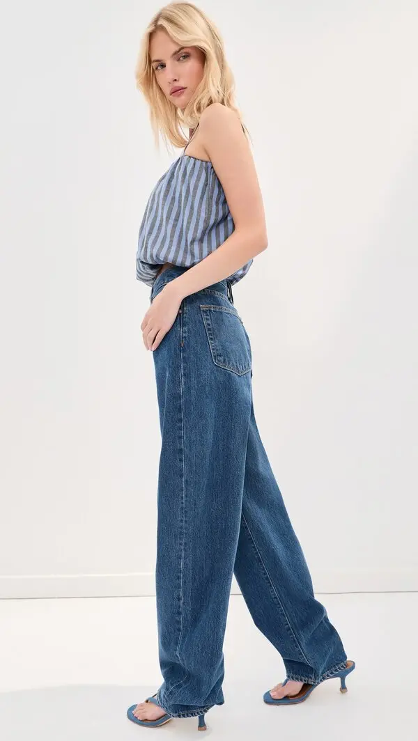 LE BOP Anita Blouse Square Neck Cotton Poplin - Grey/blue Stripe
