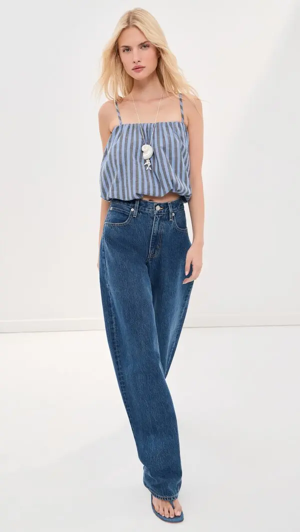 LE BOP Anita Blouse Square Neck Cotton Poplin - Grey/blue Stripe
