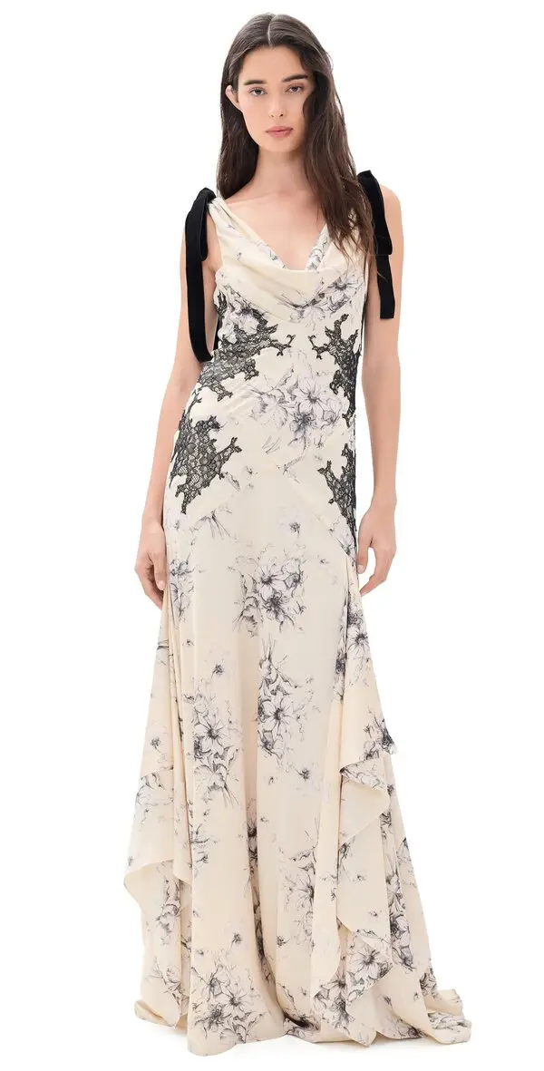 Cinq À Sept Hand Sketched Floral Antonella Gown - Gardenia/black