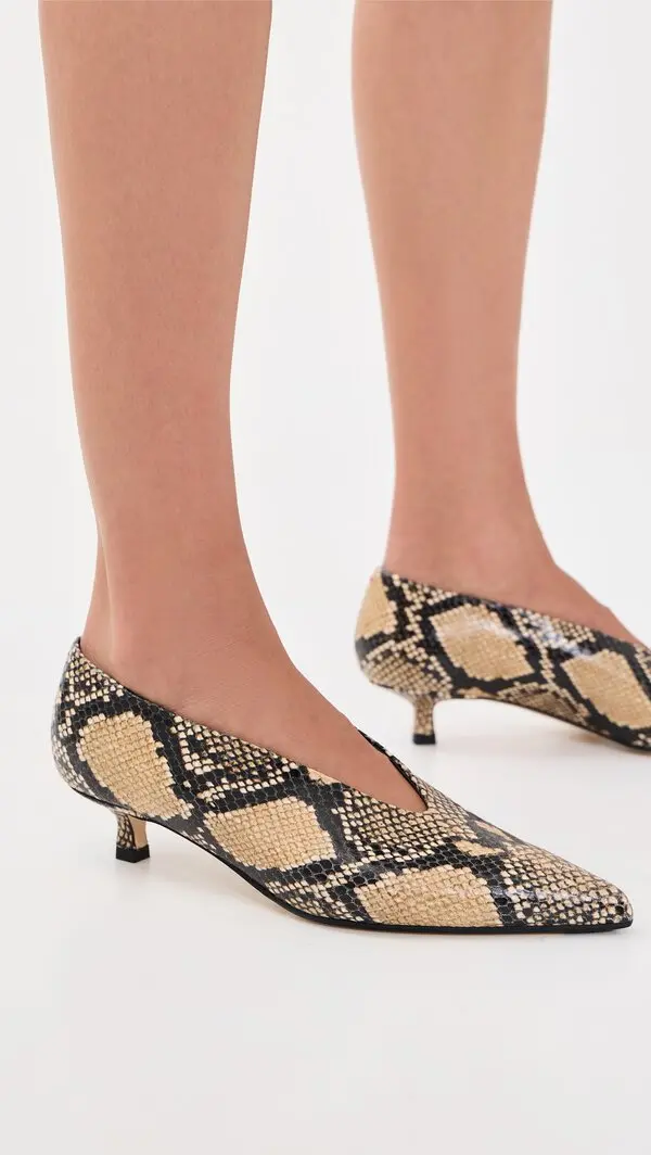 AeydĒ Clara Snake Print Leather Kitten Heel Pumps