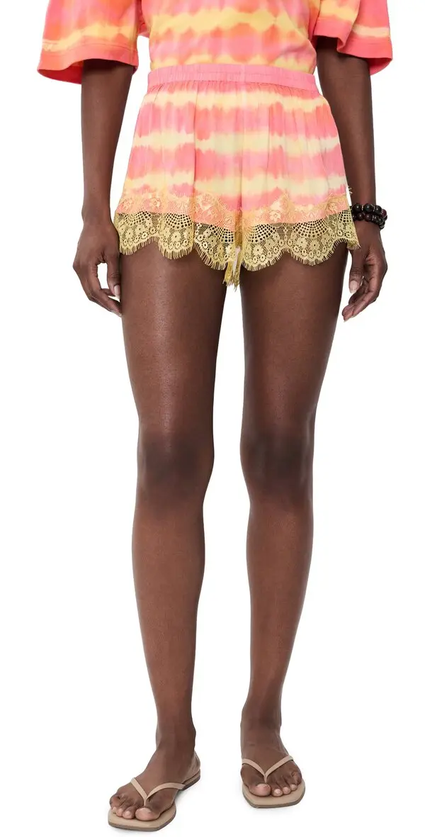 CIAO CIAO VACATION Pink Tie-dye Lace Trim Shorts