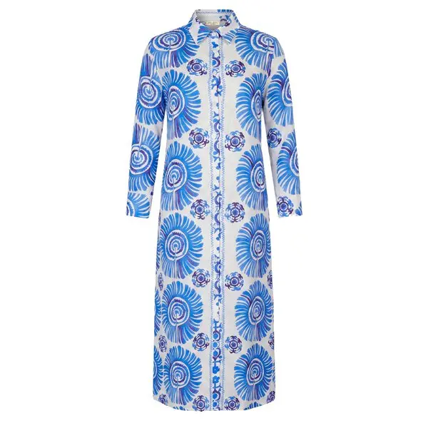 CASA ATELIER BY FERDINANDO FUSCO Bali Print Linen Maxi Shirt Dress - Blue/white
