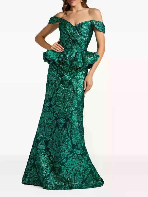 Tadashi Shoji Corliss Peplum Damask-pattern Maxi Dress
