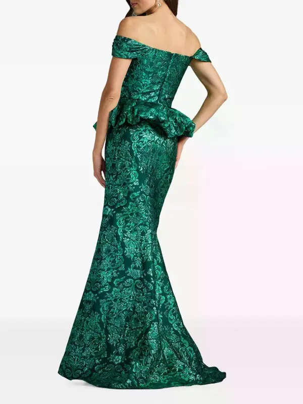Tadashi Shoji Corliss Peplum Damask-pattern Maxi Dress