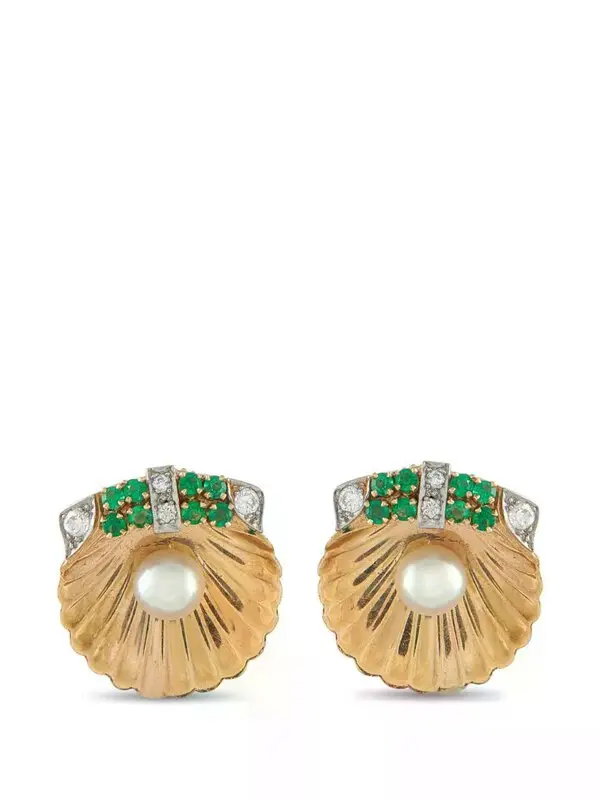 LB EXCLUSIVE 14k Yellow Pearl And Emerald Shell Earrings - Gold