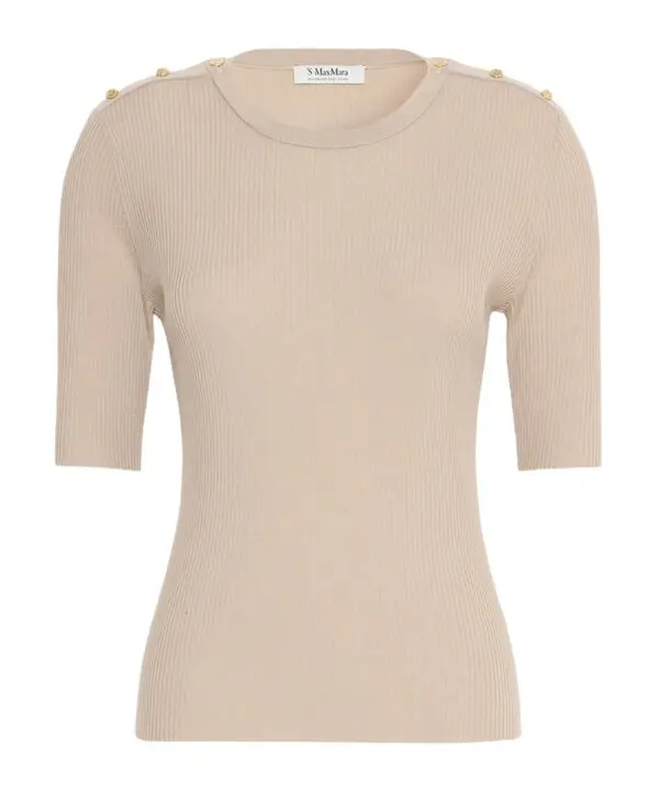 Max Mara Ribbed Knit Pullover With Gold-plated Gemstone Buttons - Beige