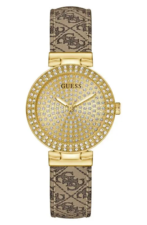 Guess Goldtone & Crystal Logo Leather Strap Watch