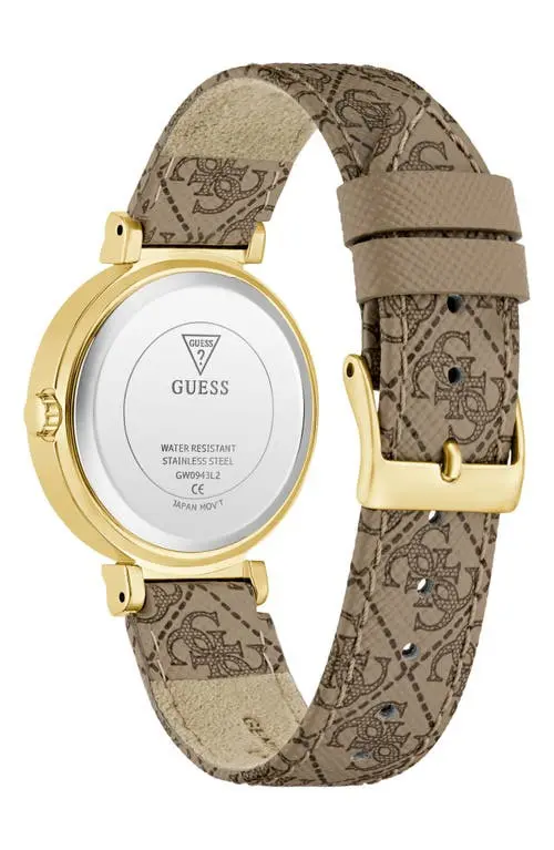Guess Goldtone & Crystal Logo Leather Strap Watch
