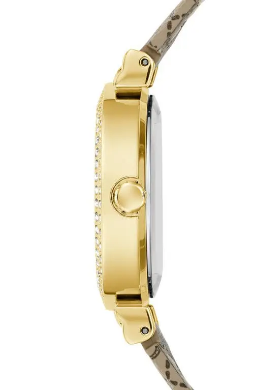 Guess Goldtone & Crystal Logo Leather Strap Watch