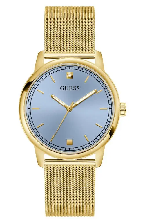 Guess Chandler Gold Tone Stainless Steel Mesh Strap Watch With Cubic Zirconia Accent - Blue/gold