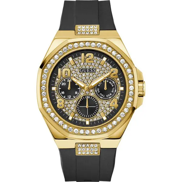 Guess Crystal Detail Multifunction Silicone Strap Watch - Black/gold