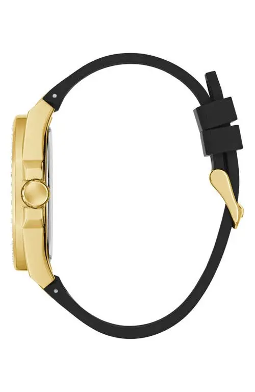 Guess Crystal Detail Multifunction Silicone Strap Watch - Black/gold