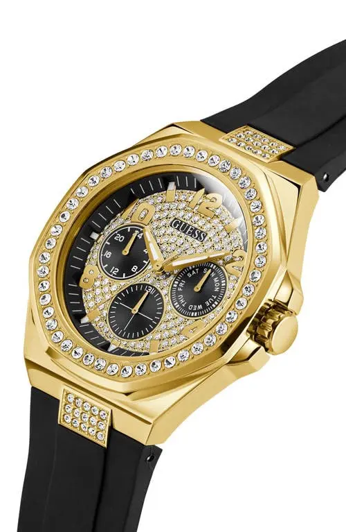 Guess Crystal Detail Multifunction Silicone Strap Watch - Black/gold