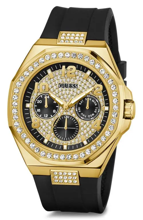 Guess Crystal Detail Multifunction Silicone Strap Watch - Black/gold