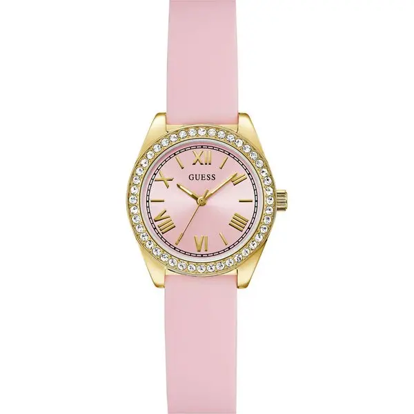 Guess Mini Luna Silicone Strap Watch With Crystal Bezel - Pink