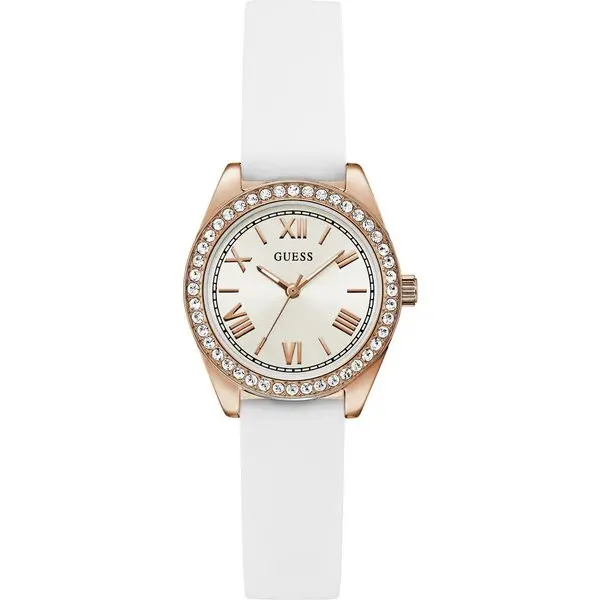 Guess Mini Luna Silicone Strap Watch With Crystal Bezel - White