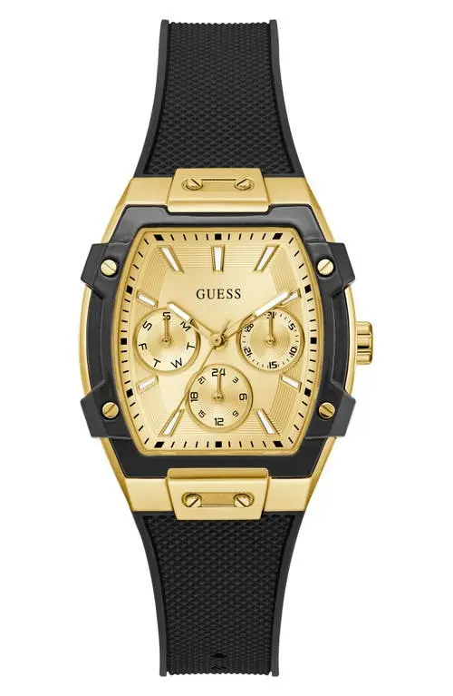 Guess Multifunction Silicone Strap Watch With Day, Date, And 24-hour Subdials - Black