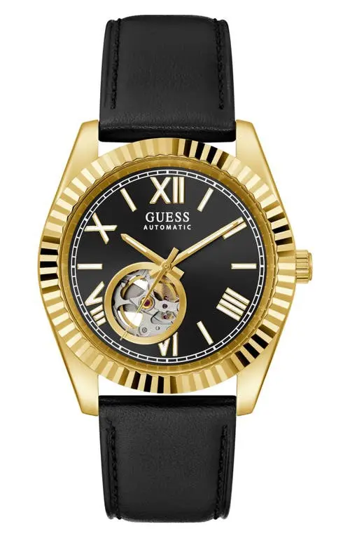 Guess Open Heart Automatic Leather Strap Watch - Black/gold