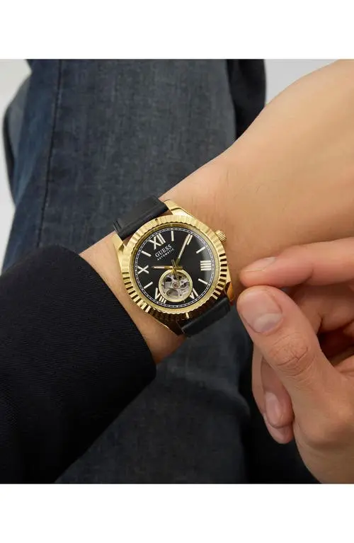 Guess Open Heart Automatic Leather Strap Watch - Black/gold