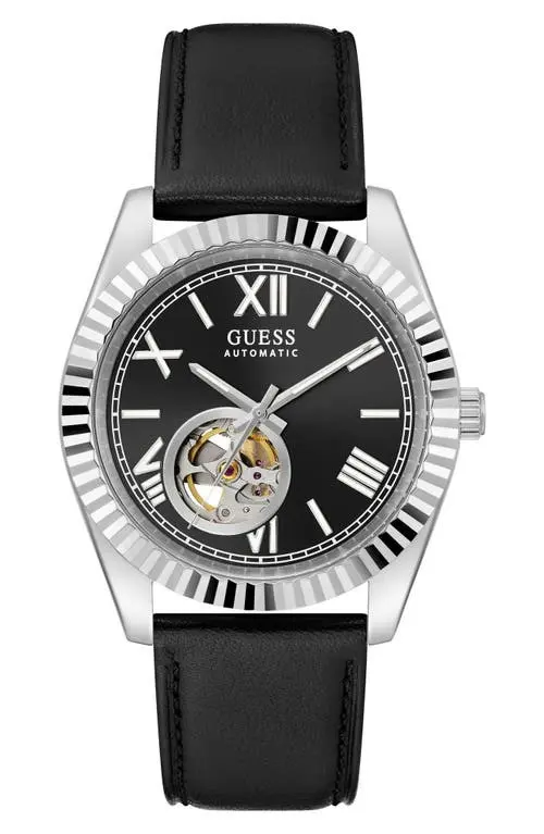 Guess Open Heart Automatic Watch With Leather Strap - Black/silver