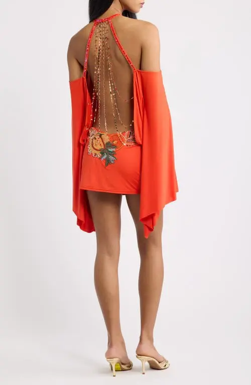 JADED LONDON Beaded Halter Batwing Mini Dress - Orange