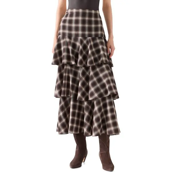 Akris Plaid Ruffle Tier Midi Skirt