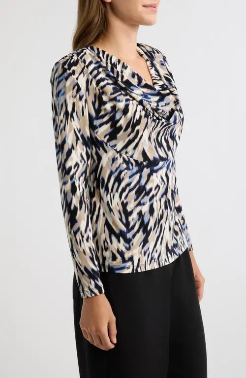 Anne Klein Cowl Neck Long Sleeve Knit Top - Dutch Blue Multi