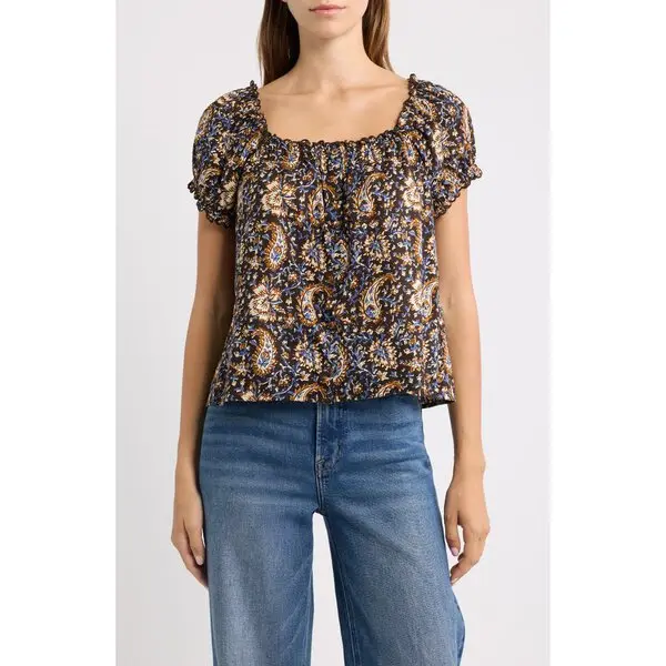 Madewell Paisley Print Puff Sleeve Cotton Top - Molasses