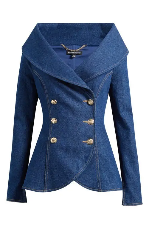 NADINE MERABI Double Breasted Denim Jacket With Portrait Collar