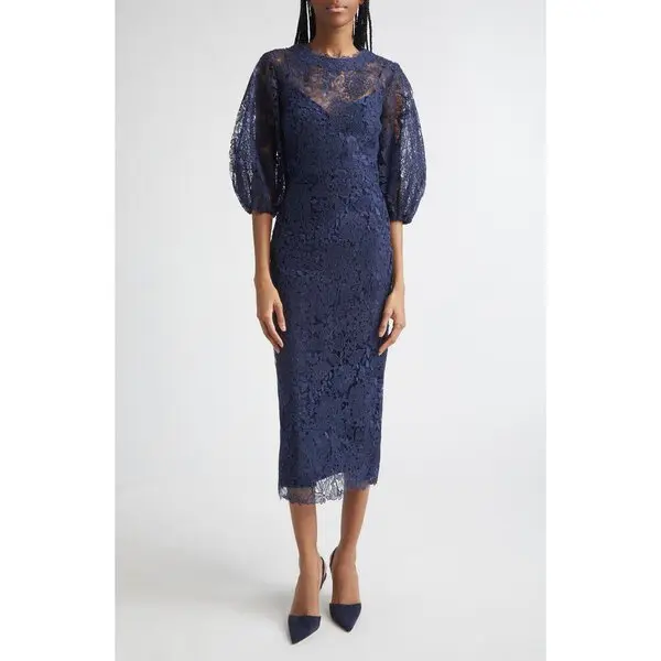 Carolina Herrera Lace Midi Pencil Dress With Balloon Sleeves - Midnight