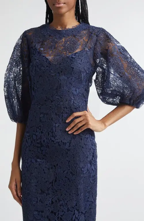 Carolina Herrera Lace Midi Pencil Dress With Balloon Sleeves