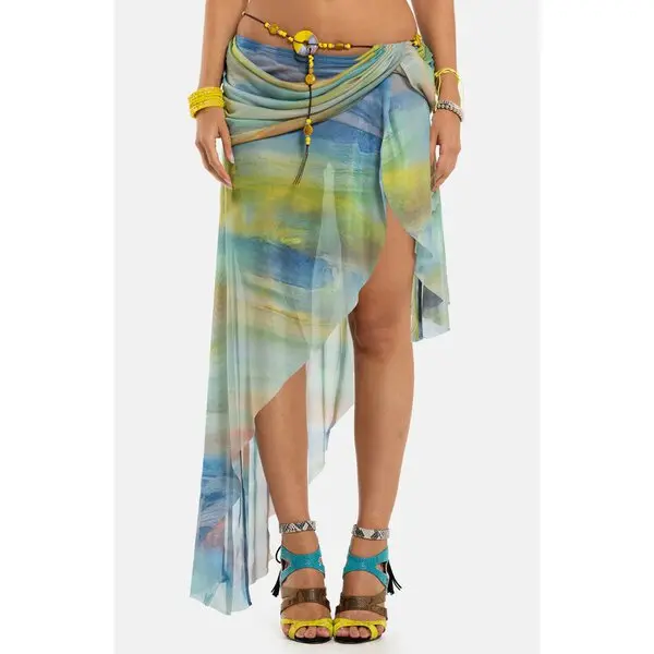 JADED LONDON Abstract Print Asymmetrical Mesh Skirt With Beaded Belt