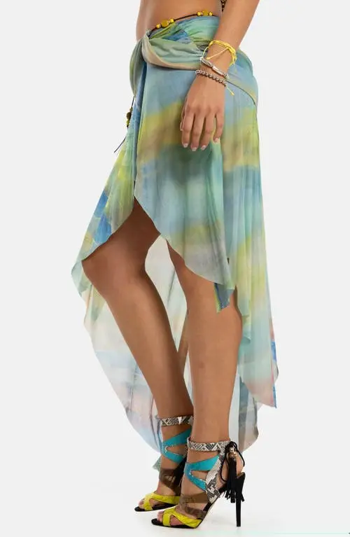 JADED LONDON Abstract Print Asymmetrical Mesh Skirt With Beaded Belt