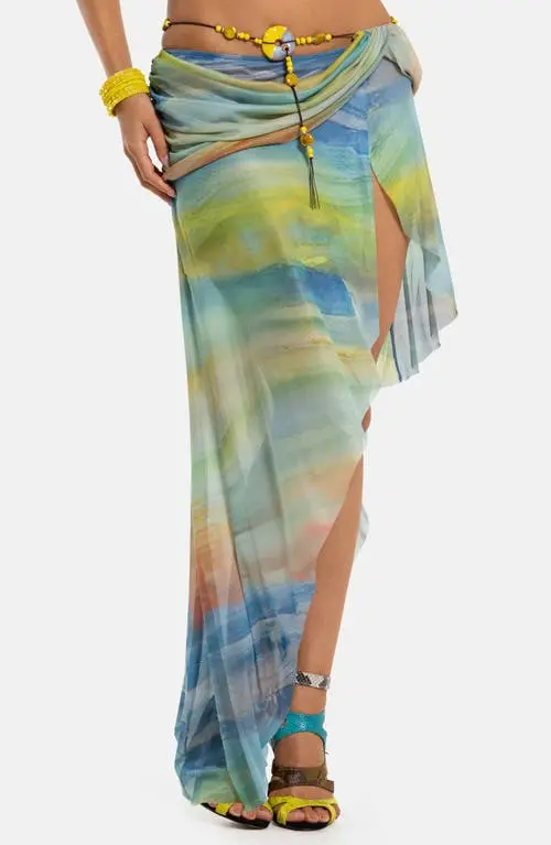 JADED LONDON Abstract Print Asymmetrical Mesh Skirt With Beaded Belt