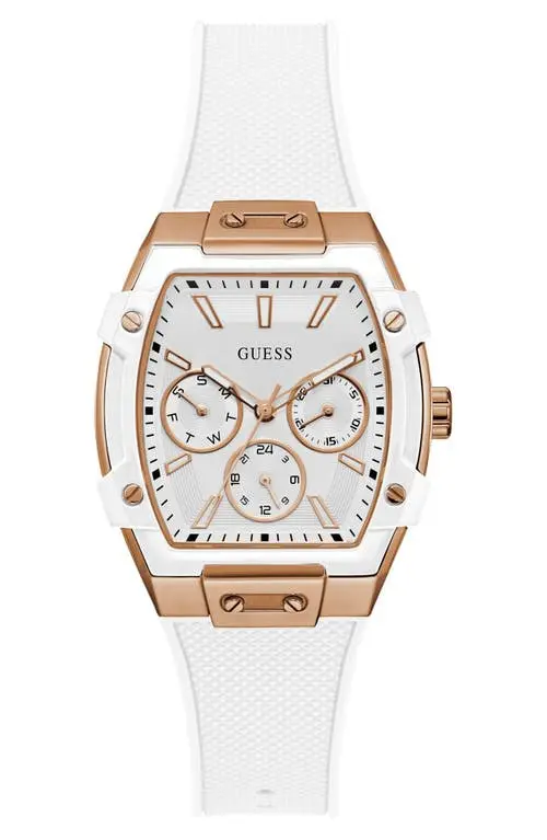Guess Phoenix Tonneau Multifunction Watch With Silicone Strap - White
