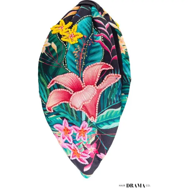 HAIR DRAMA CO Tropical Knotted Headband With Floral Embroidery - Black