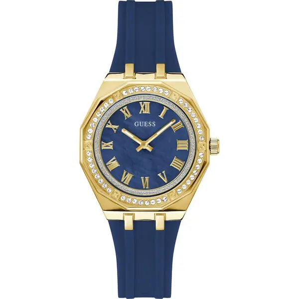 Guess Desire Crystal And Mother-of-pearl Watch With Silicone Strap - Blue