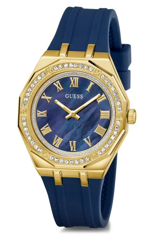 Guess Desire Crystal And Mother-of-pearl Watch With Silicone Strap