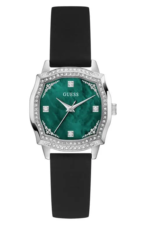 Guess Mother-of-pearl Crystal Bezel Silicone Strap Watch - Black