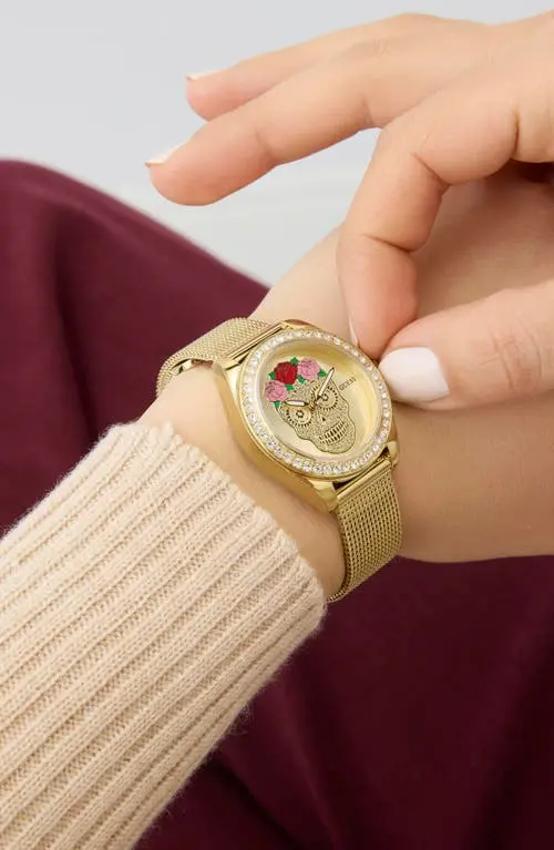 Guess Goldtone Crystal Embellished Sugar Skull Watch