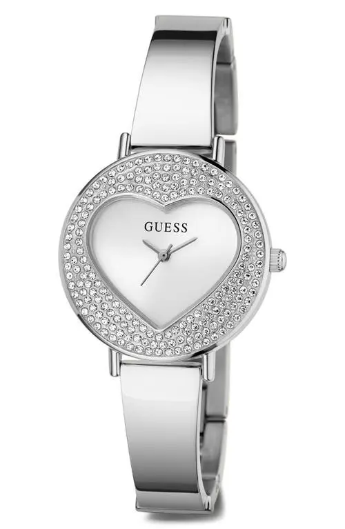 Guess Crystal Embellished Heart Dial Link Bracelet Watch