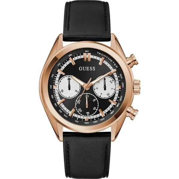 Guess Dawson Chronograph Leather Strap Watch - Black