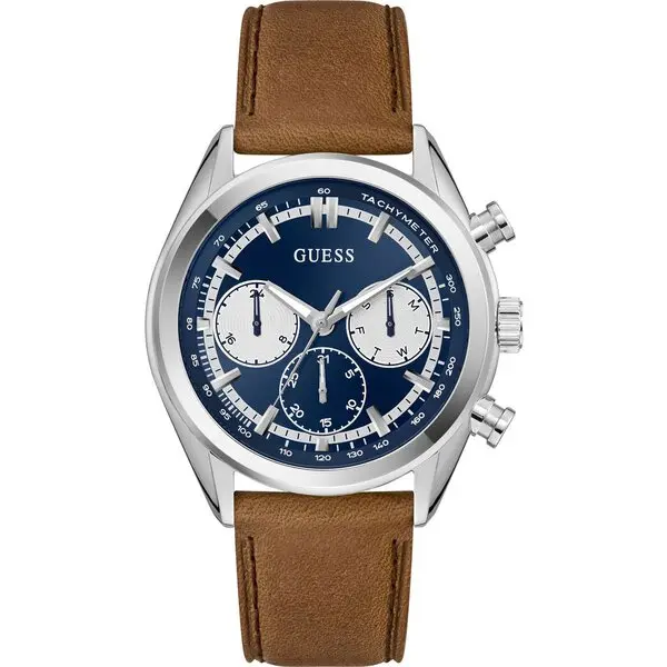 Guess Dawson Chronograph Stainless Steel And Leather Strap Watch - Brown