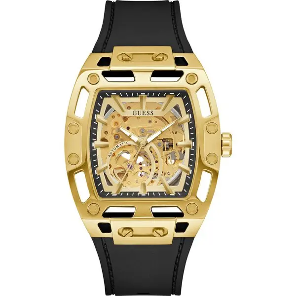 Guess Phoenix Goldtone Skeleton Automatic Silicone Strap Watch