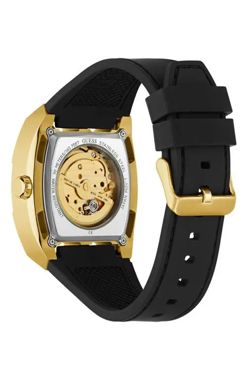 Guess Phoenix Goldtone Skeleton Automatic Silicone Strap Watch