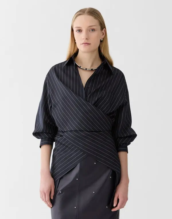 Lafayette 148 New York Pinstripe Silk Convertible Wrap Blouse