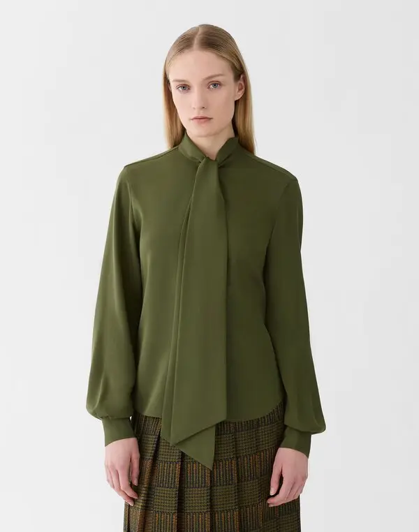 Lafayette 148 New York Organic Silk Stretch Georgette Tie Neck Blouse - Forest
