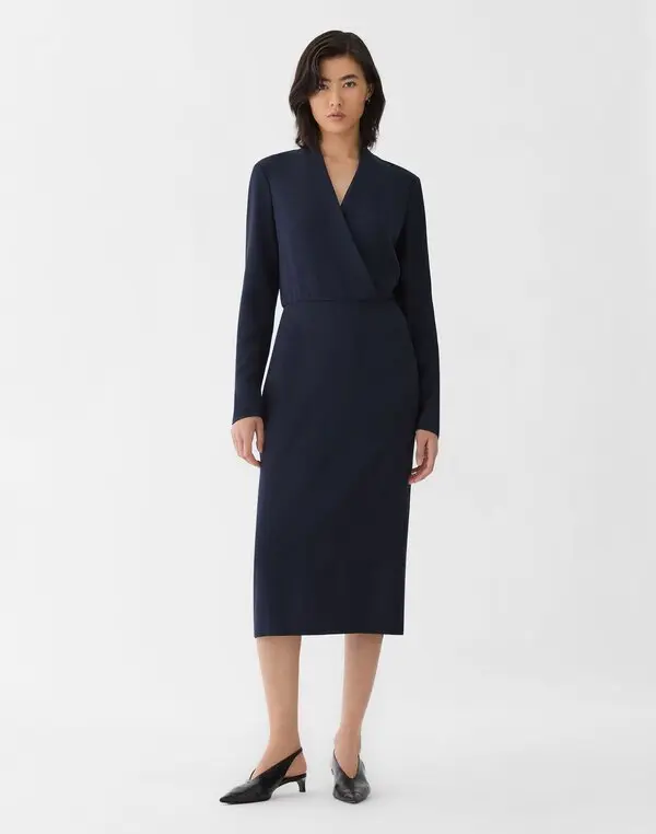 Lafayette 148 New York Crepe Long Sleeve V-neck Dress